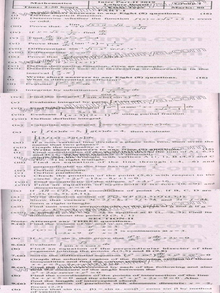 Past Papers 2019 Lahore Board Inter Part 2 Mathematics Group I Subjective English Medium | PDF