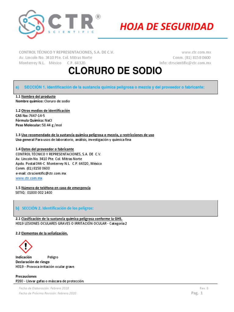 MSDS Cloruro de Sodio | PDF | Agua | Oxígeno