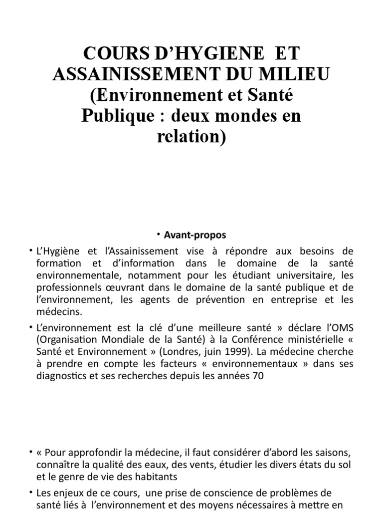 Cours D'hygiene Et Assainissement Bel Campus Diapo | PDF | Assainissement | Eaux usées