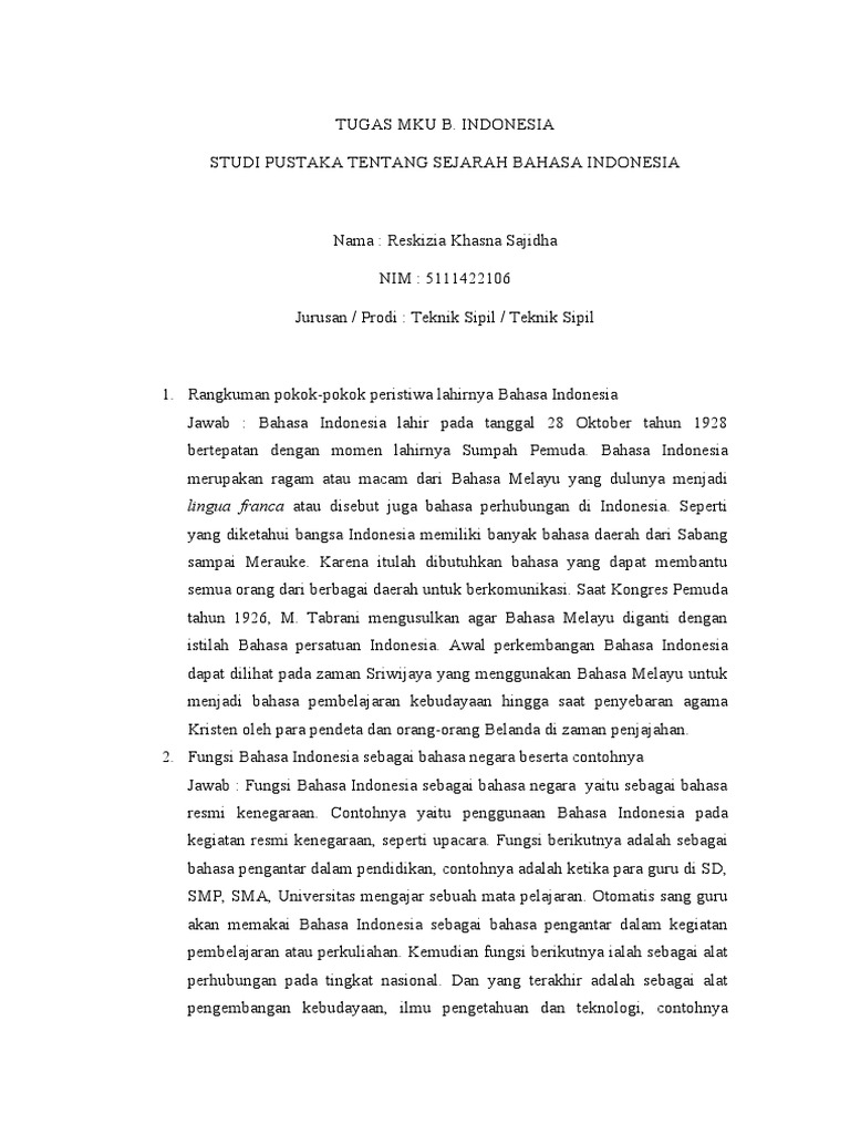 Sejarah dan Fungsi Bahasa Indonesia | PDF