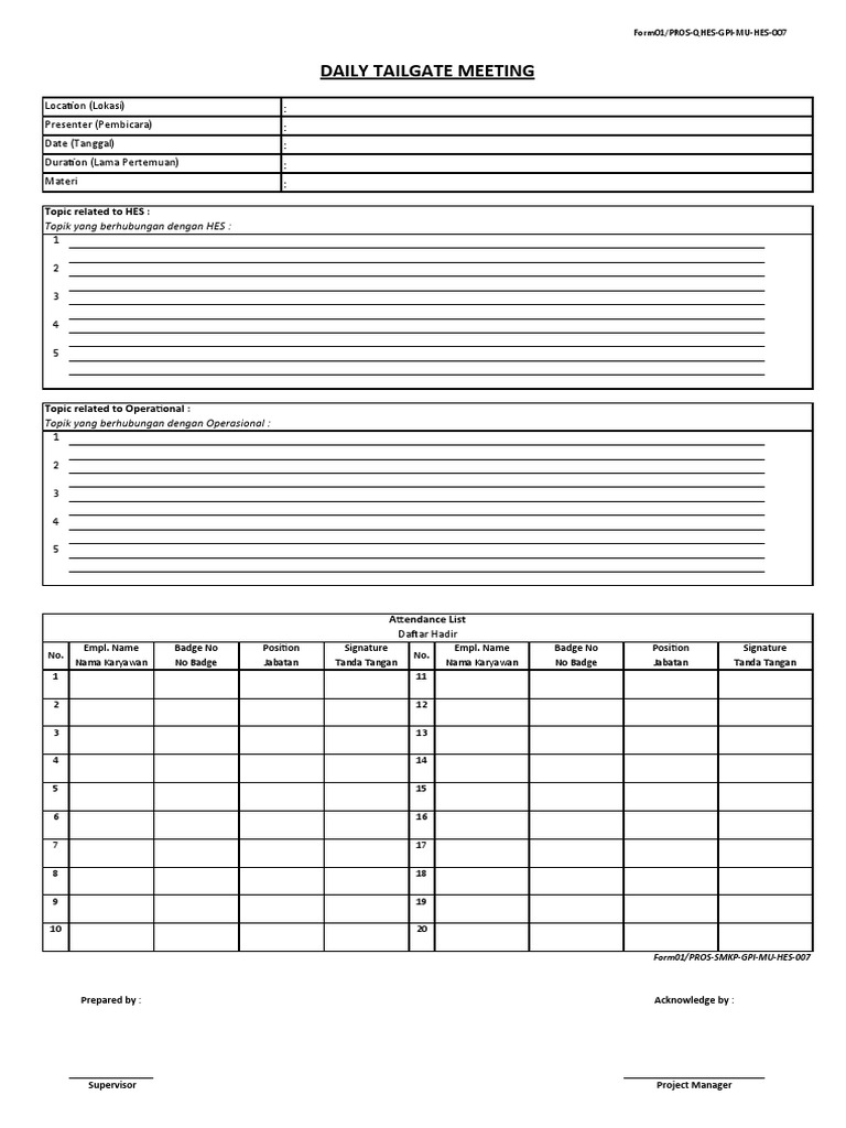 Form01 - Pros SMKP Gpi Mu Hes 007 Daily Tailgate Meeting - Fix | PDF