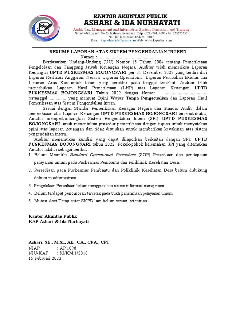 Draft SPI Puskesmas Bojongsari TA 2022 | PDF