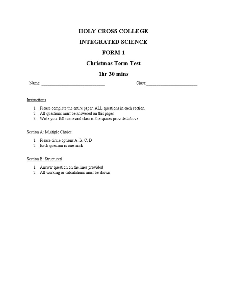 Integrated Science Form 1 Test | PDF | Teaching Methods & Materials