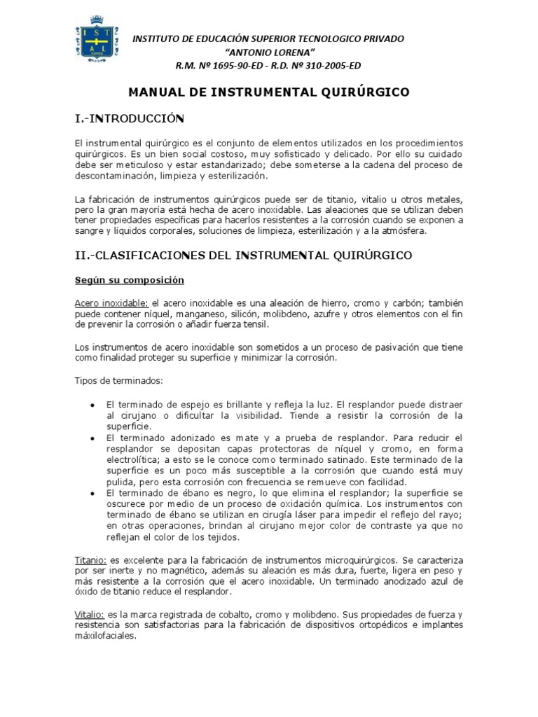 Manual de Instrumental Quirúrgico | PDF | Acero inoxidable | Acero