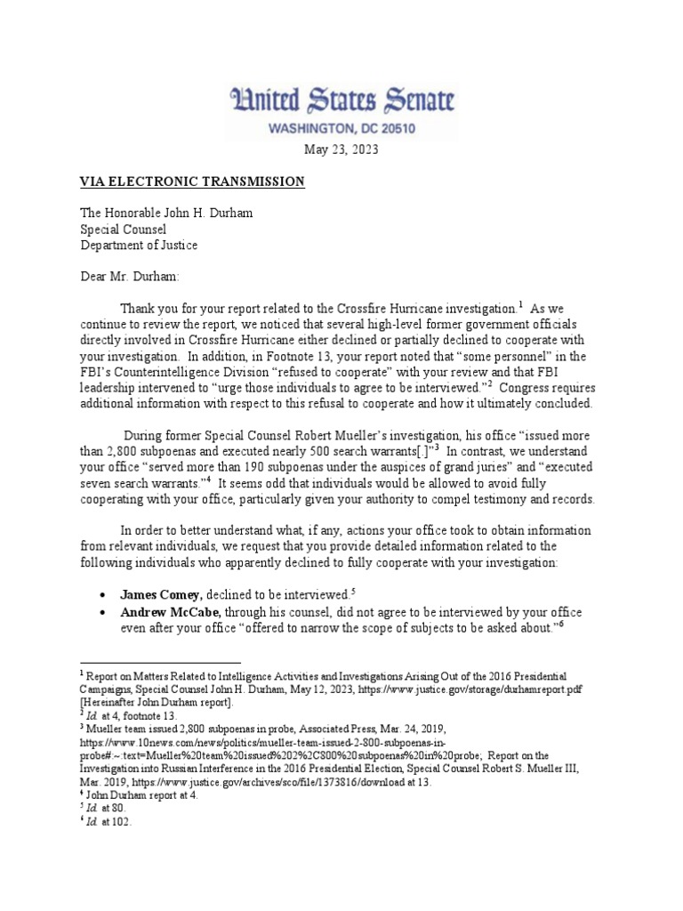 Johnson and Grassley Letter To Durham On FBI Investigation Cooperation ...