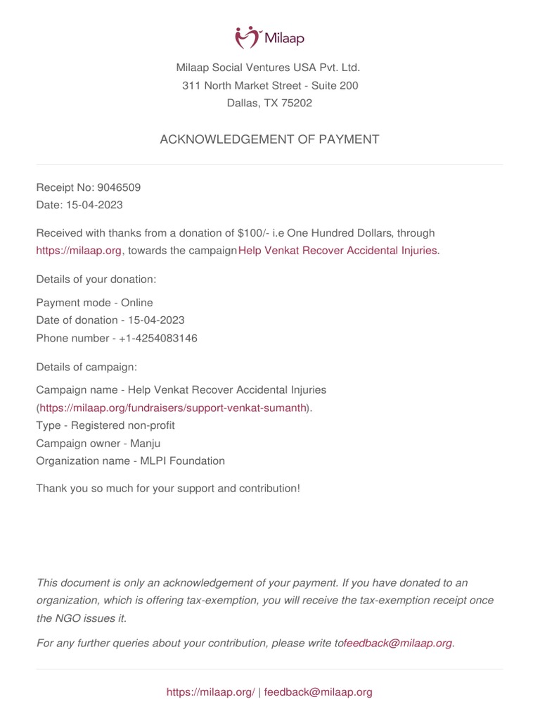 Acknowledgement of Payment: Help Venkat Recover Accidental Injuries | PDF