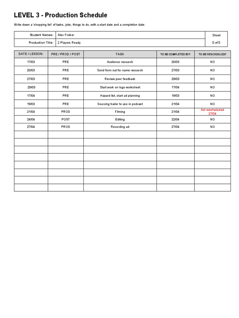 Level 3 - Production Schedule Blank Copy Af | PDF