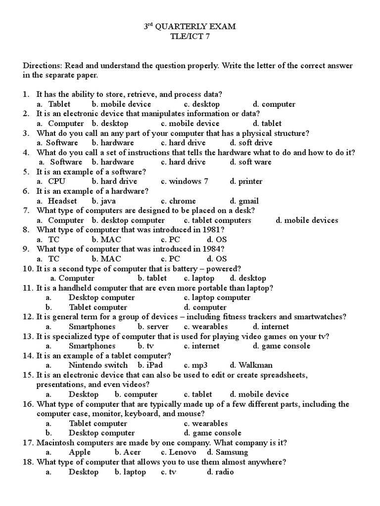 3rd QUARTERLY EXAM TLE | PDF | Laptop | Tablet Computer