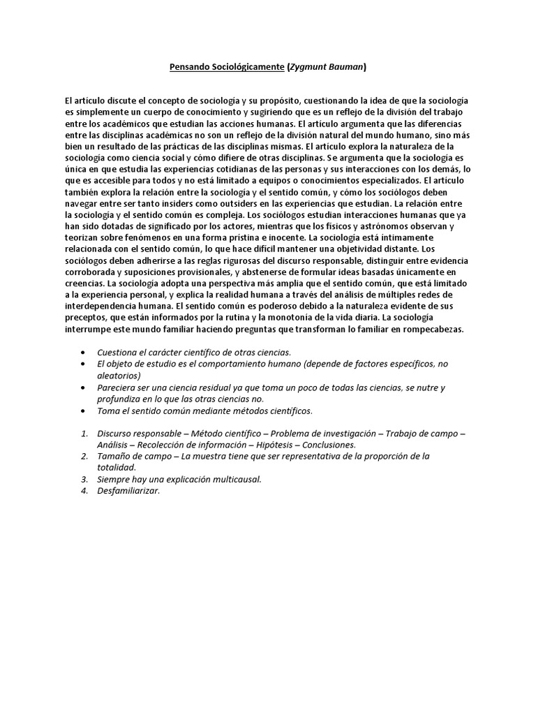 Pensando Sociologicamente (Zygmunt Bauman) APUNTE | PDF | Sociología ...