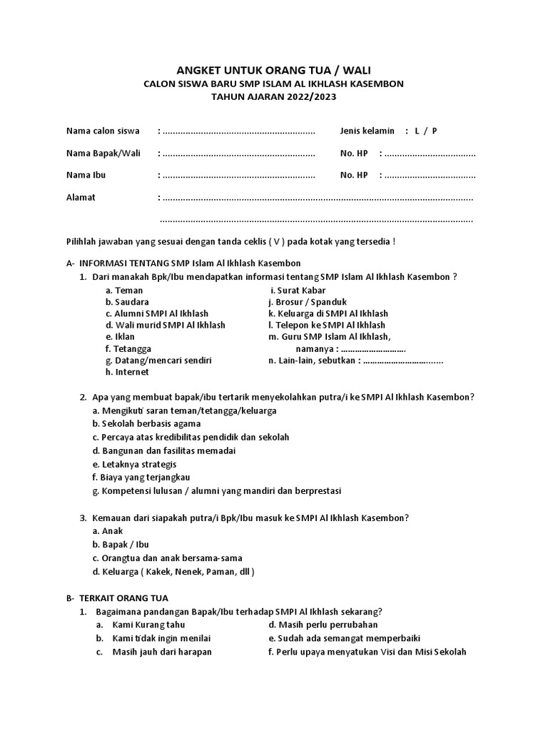 Angket Untuk Orang Tua | PDF