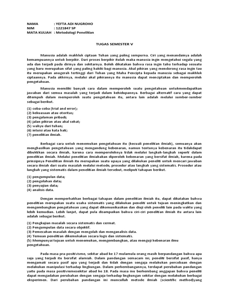 Tugas Metodologi Penelitian Semester V | PDF