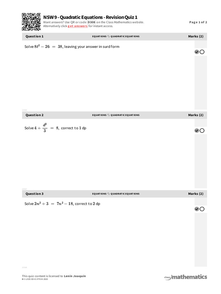 NSW Stage 4 Quadratic Equations Quiz | PDF | Mathematics | Equations