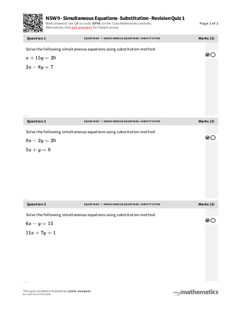 Nsw 9 Simultaneous Equations Substitution Revision Quiz 1 Pdf