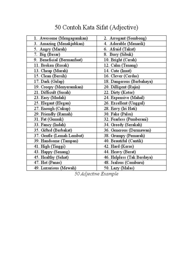 50 Kata Sifat | PDF | Teaching Methods & Materials