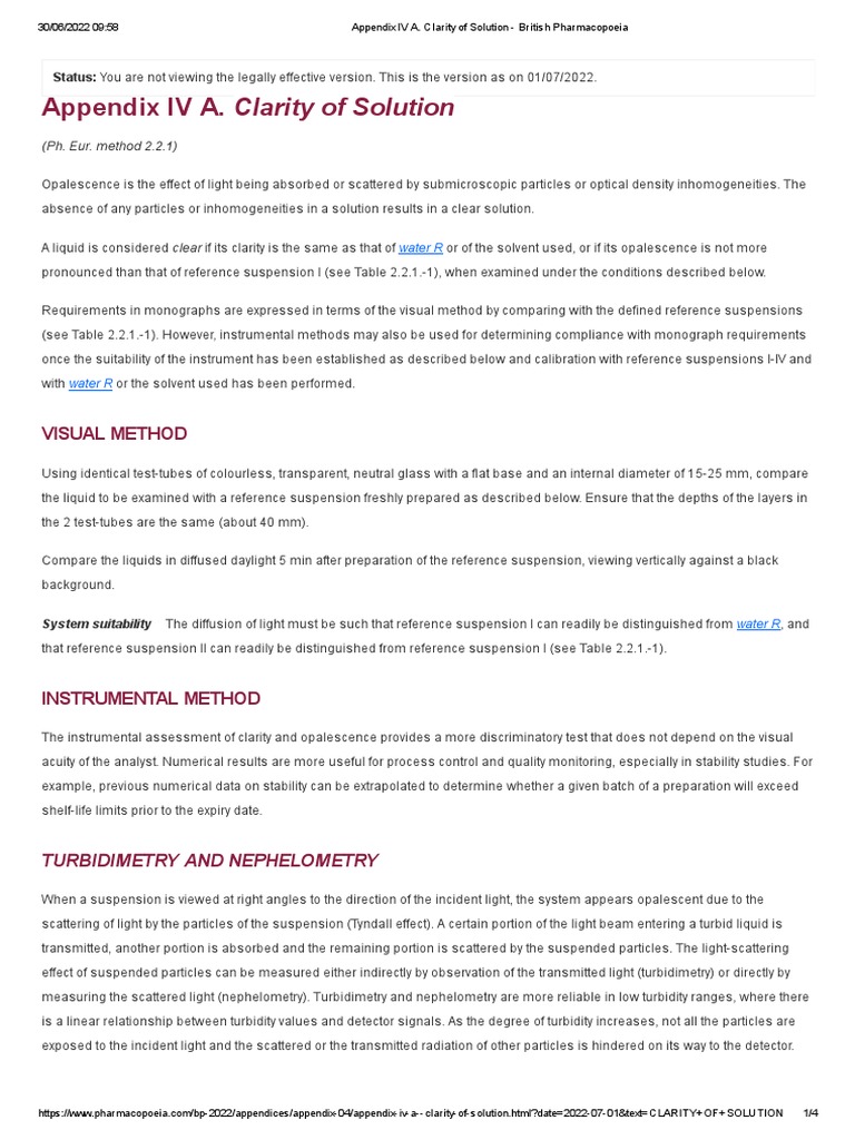 Clarity of Solution in British Pharmacopoeia | PDF | Infrared | Scattering