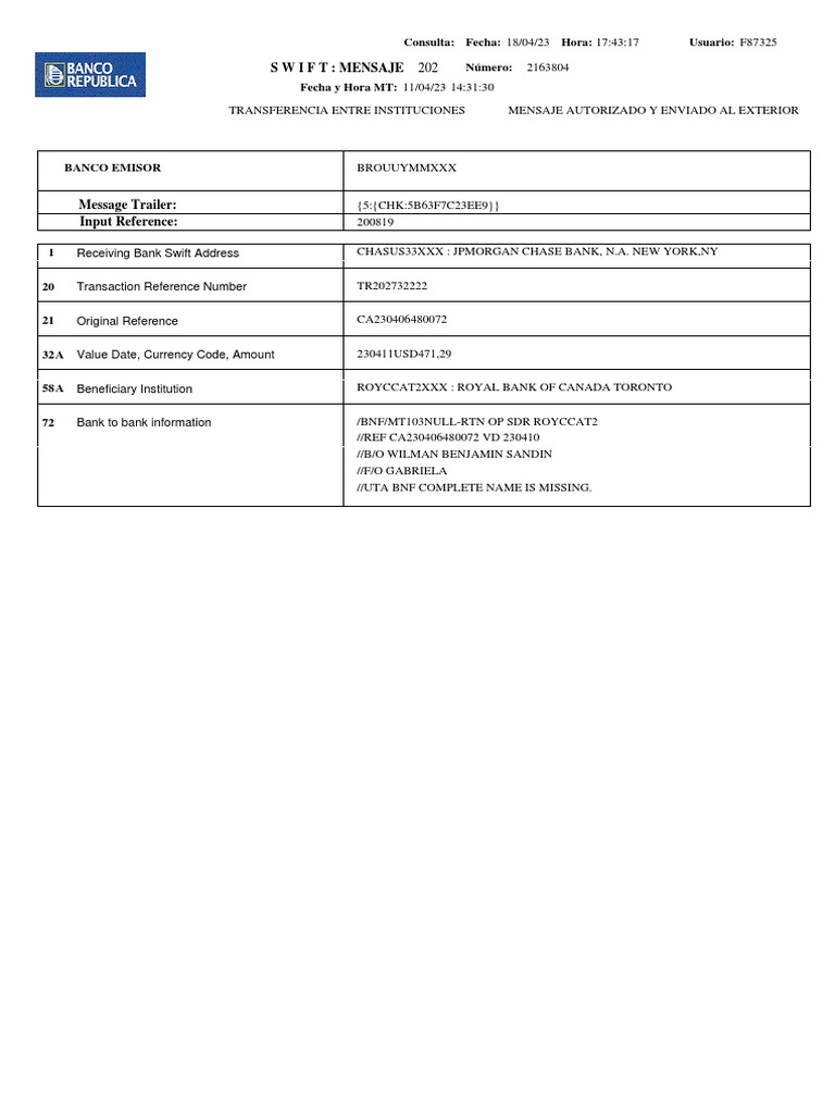 MT103 TR202732222 | PDF