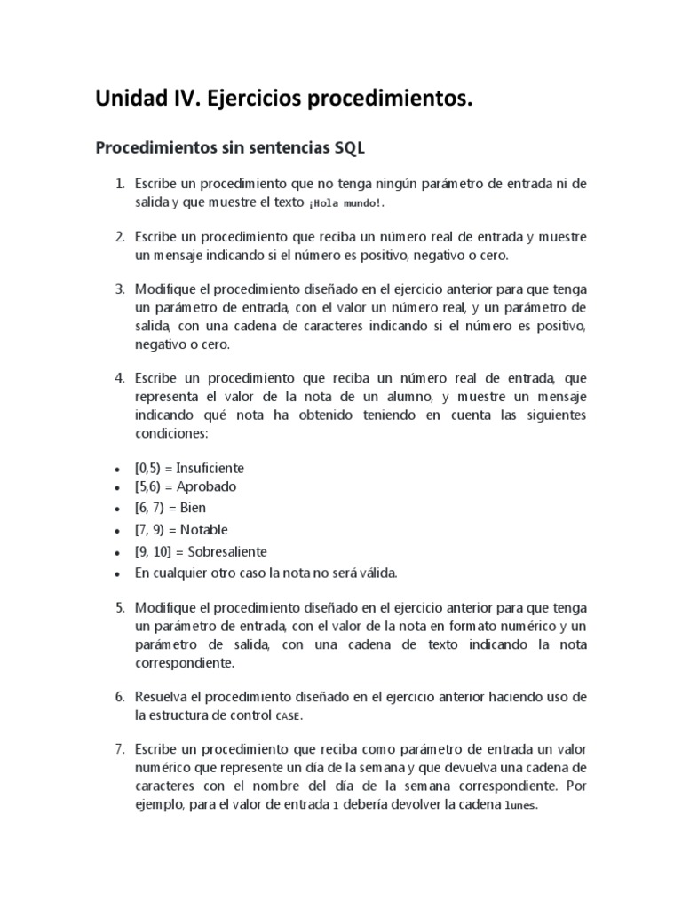 Unidad IV. Ejercicios Procedimientos. | PDF | SQL | Ingeniería de software