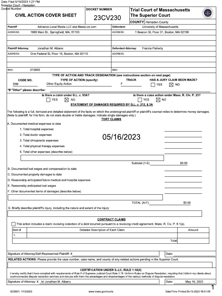 MassLive v. University of Massachusetts Complaint | PDF