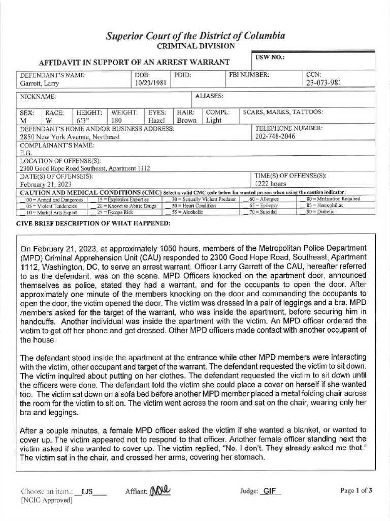Affidavit in Support of Arrest of Larry Garrett | PDF