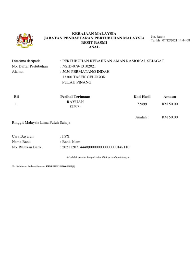 Resit Rasmi Pembayaran Online Rayuan | PDF