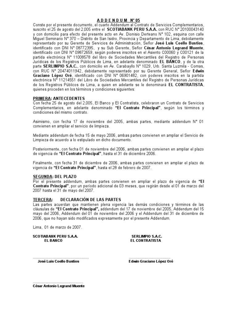 Addendum N° 05: Ampliación de Contrato | PDF