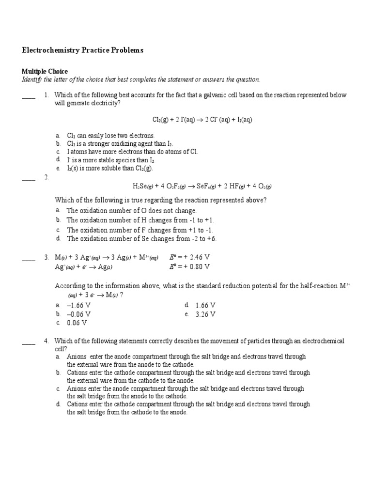 Ap Electrochemistry Problem Set 2021 Pdf Anode Cathode