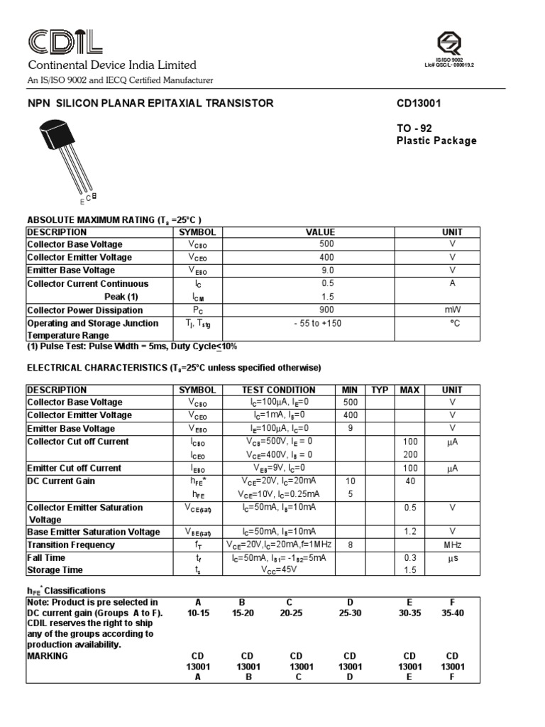 CD13001 NPN Transistor Data Sheet | PDF