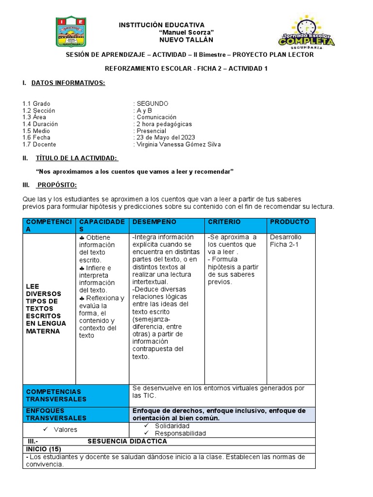 Sesion de Aprendizaje 23 de Mayo - Refuerzo Escolar | PDF | Sicología | Psicología cognitiva