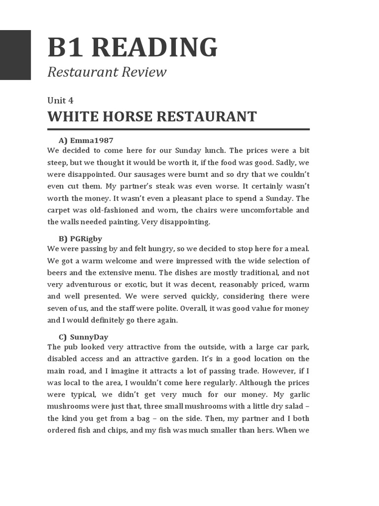 B1 Reading | PDF | Pub | Restaurants