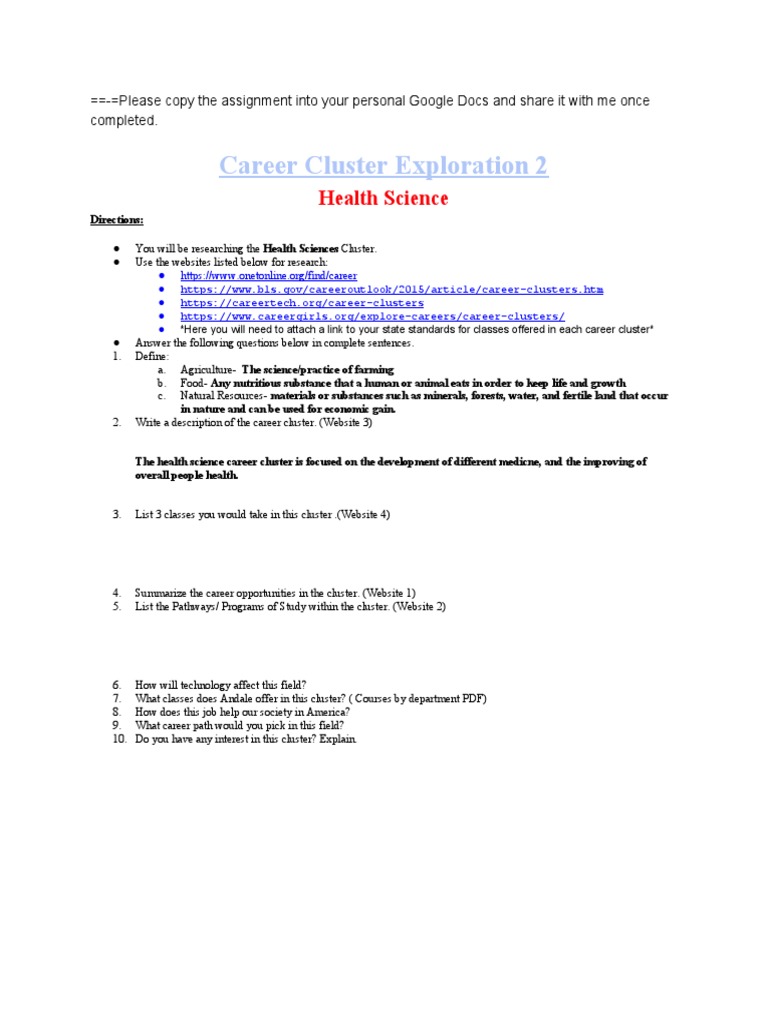 Health Science Career Cluster Exploration | PDF