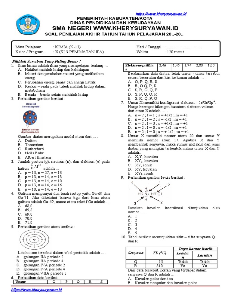 Soal PAT Kimia Kelas X K13 -www.kherysuryawan.id | PDF