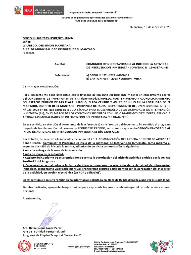 Oficio #469-2023 - MD El Mantaro - 12-0087-Aii-43 | PDF