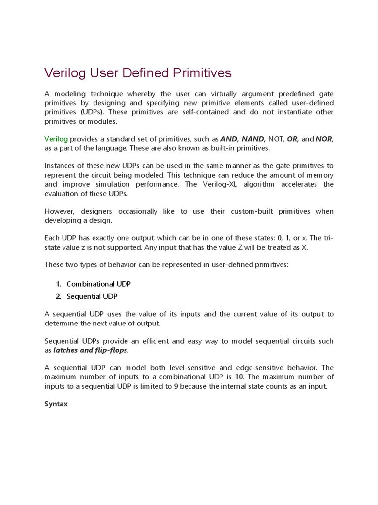 Verilog User Defined Primitives | Download Free PDF | Logic Gate | Computer Science