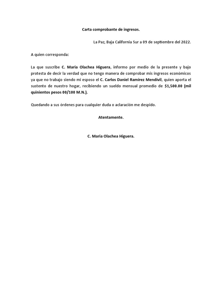 Carta Comprobante de Ingresos | PDF Carta Comprobante de Ingresos | PDF