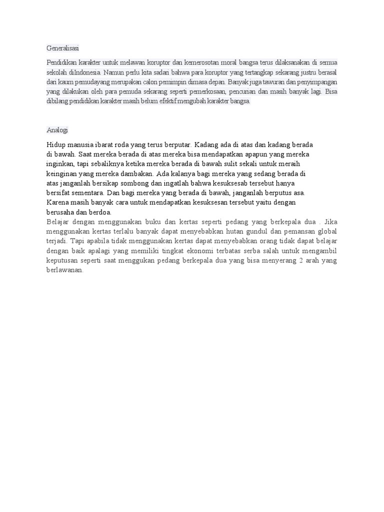 Contoh Paragraf Dengan Pola Pengembangan Generalisasi Dan Analogi | PDF