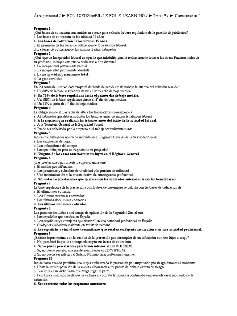 Fol Tema 9 Cuestionario 2 | PDF | Labor | Economias