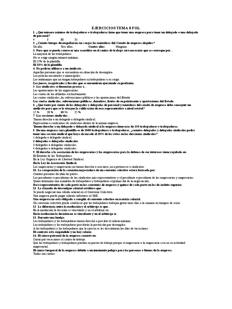 Ejercicios Tema 8 Fol | PDF | Sindicato | Salario mínimo