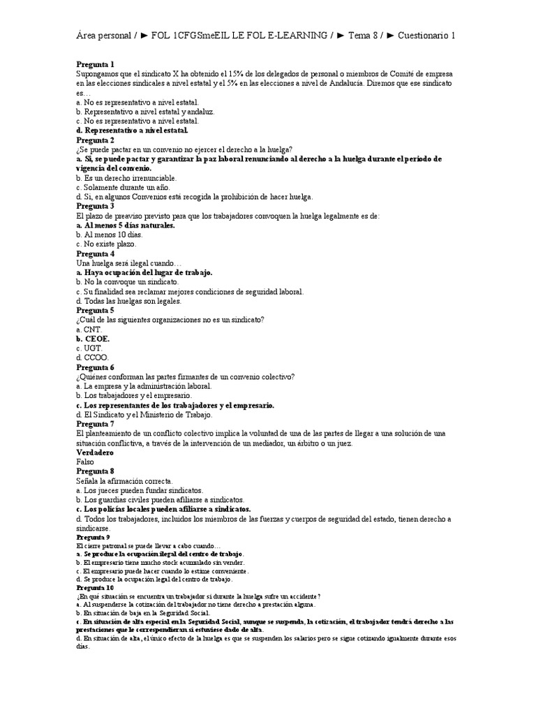 Fol Tema 8 Cuestionario 1 | PDF | Sindicato | Huelga