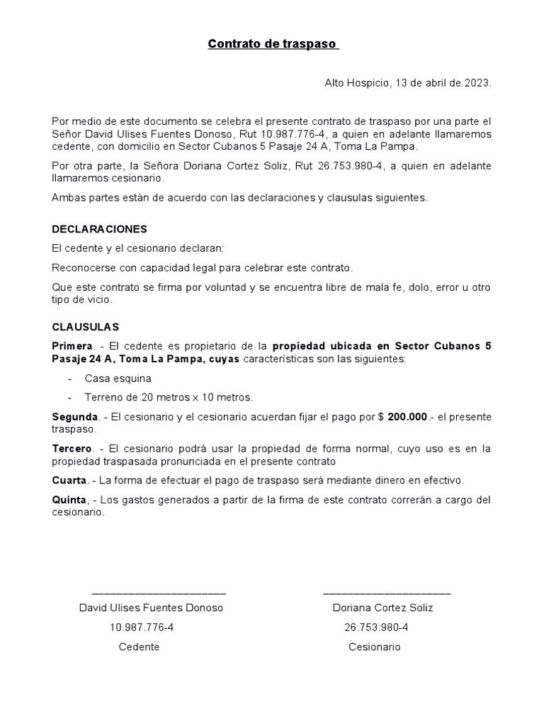 Formato de Contrato de Traspaso. | PDF