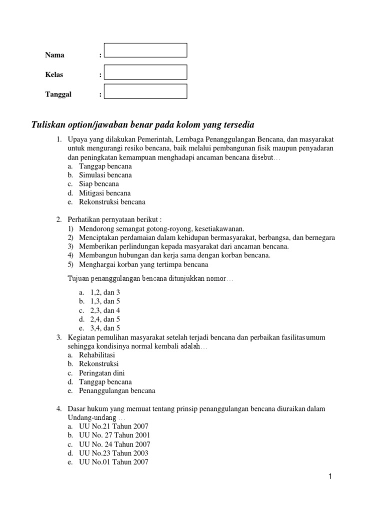 Soal Uh Mitigasi Bencana | PDF