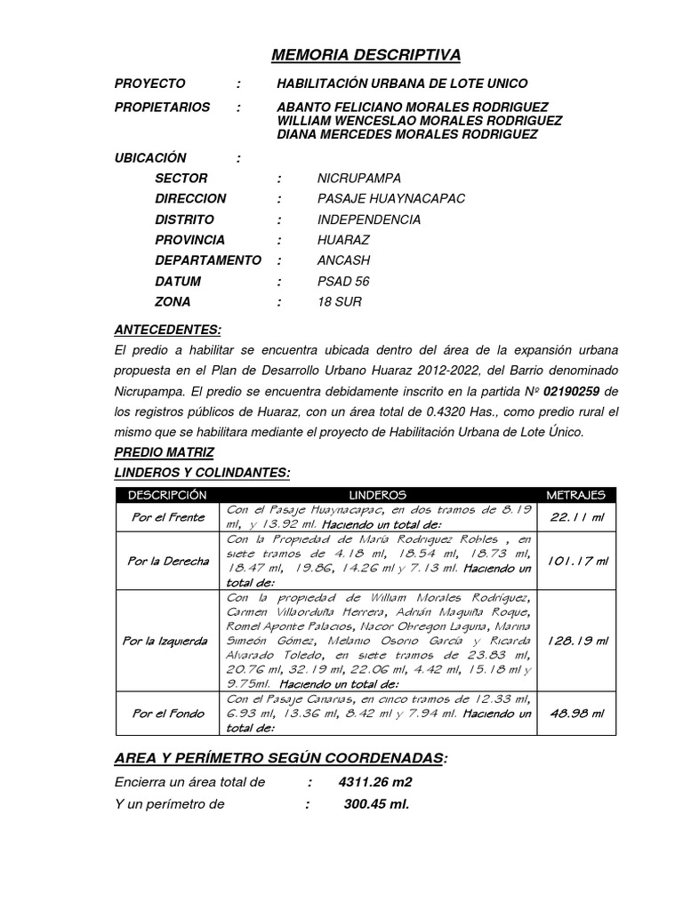 Memoria Descriptiva - Lote Unico | PDF | Urbanización | Planificación