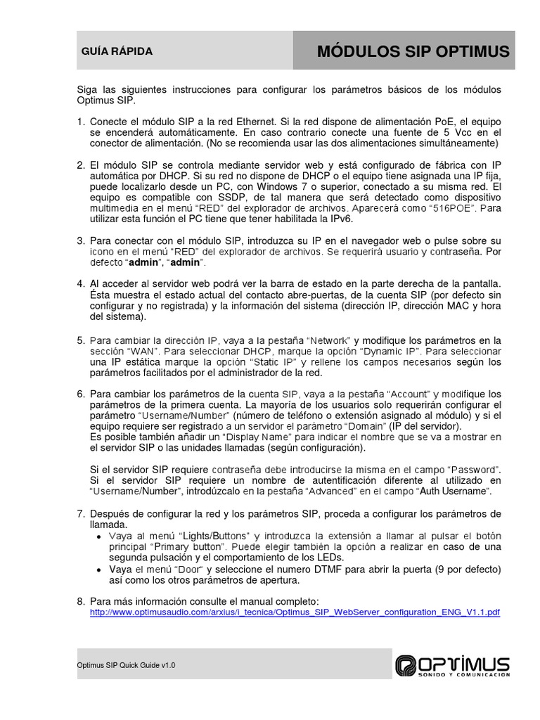 Optimus SIP Quick Guide ESP ENG V1.0 | PDF