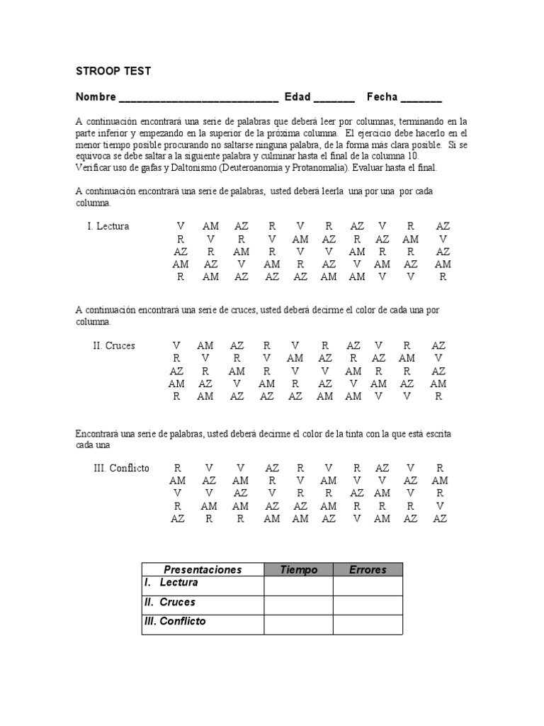 Prueba Stroop - Hoja de Respuesta. | PDF
