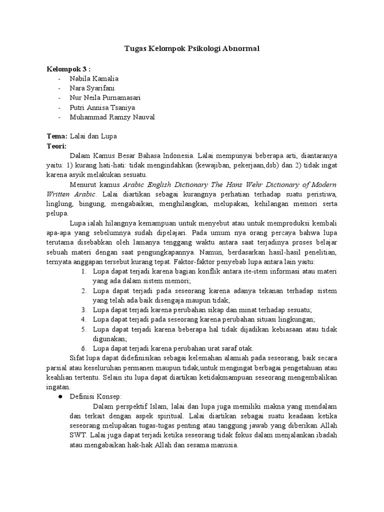 Psikologi Abnormal Kel.3 Lalai Dan Lupa | PDF
