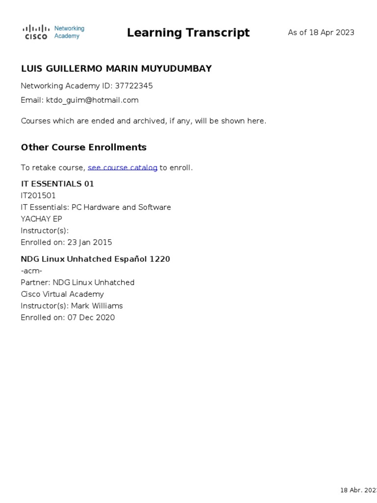 NetAcad Learning Transcript | PDF