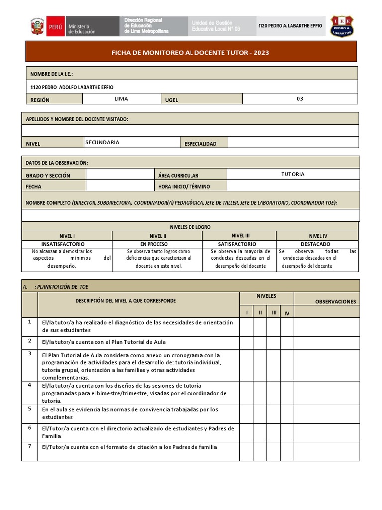 Ficha de Monitoreo de Tutoria 2023 | PDF