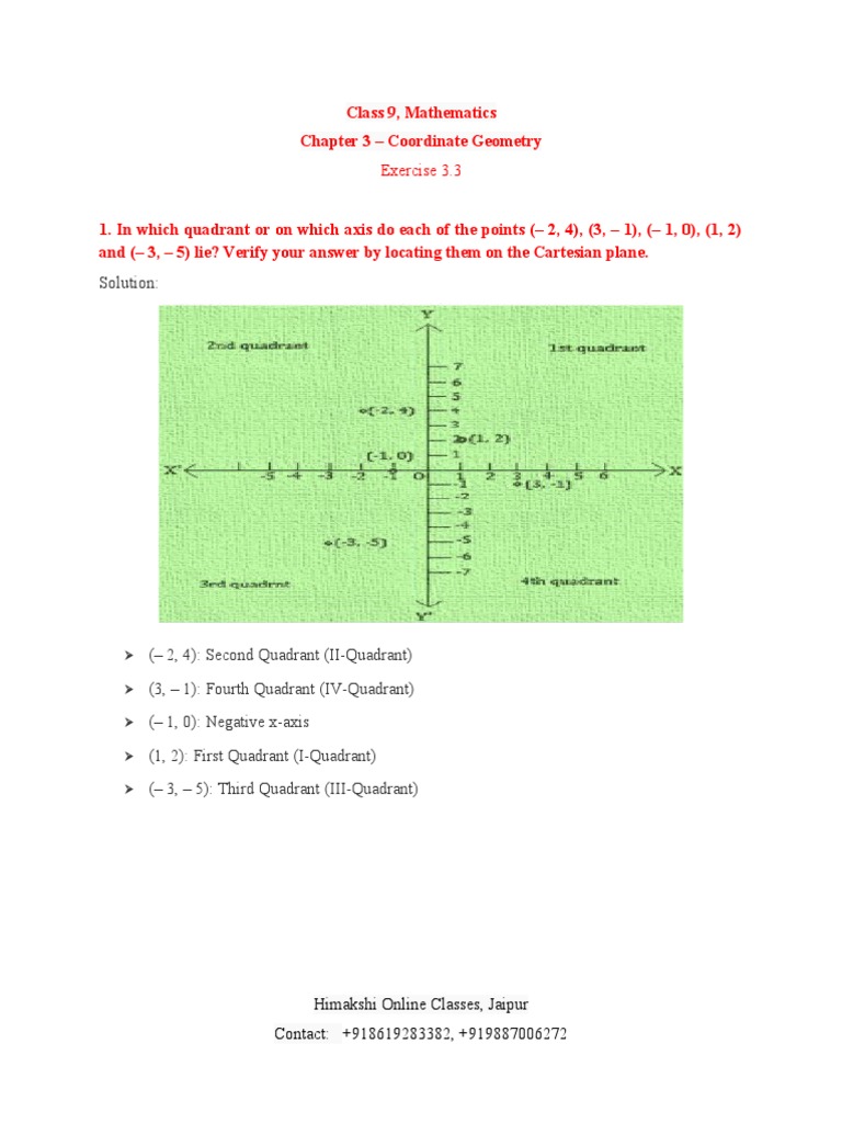 Class 9, Mathematics Chapter 3 - Coordinate Geometry: Solution | PDF