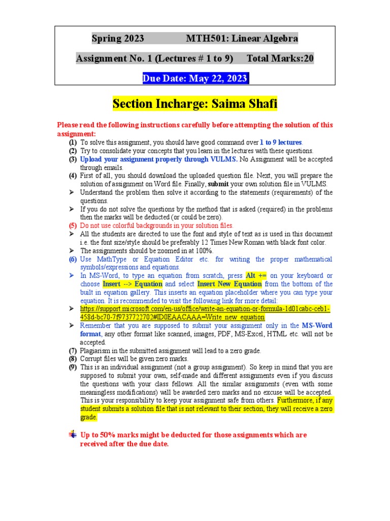 Spring 2023 MTH501 Section Saima Shafi Assignment 1 | PDF | Equations | Algebra