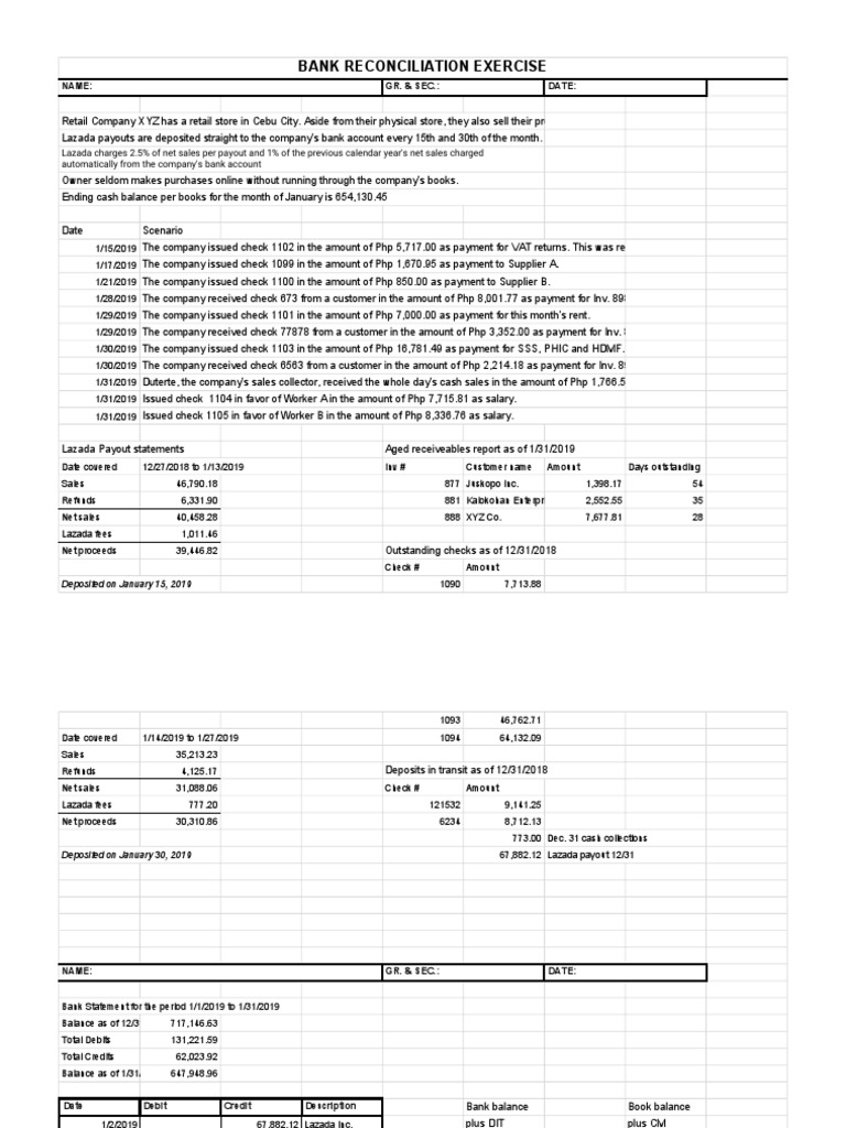 BANK RECONCILIATION EXERCISE - Sheet1 | PDF | Banks | Cash