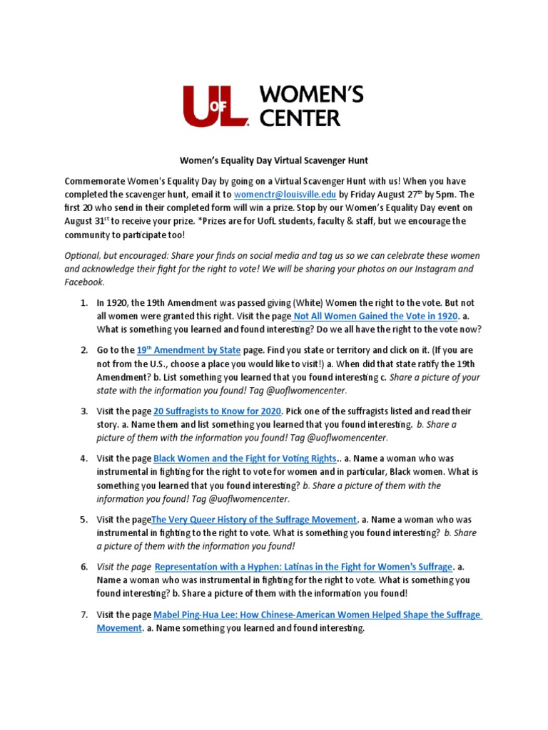Womens Equality Day Virtual Scavenger Hunt 2021 | Download Free PDF ...